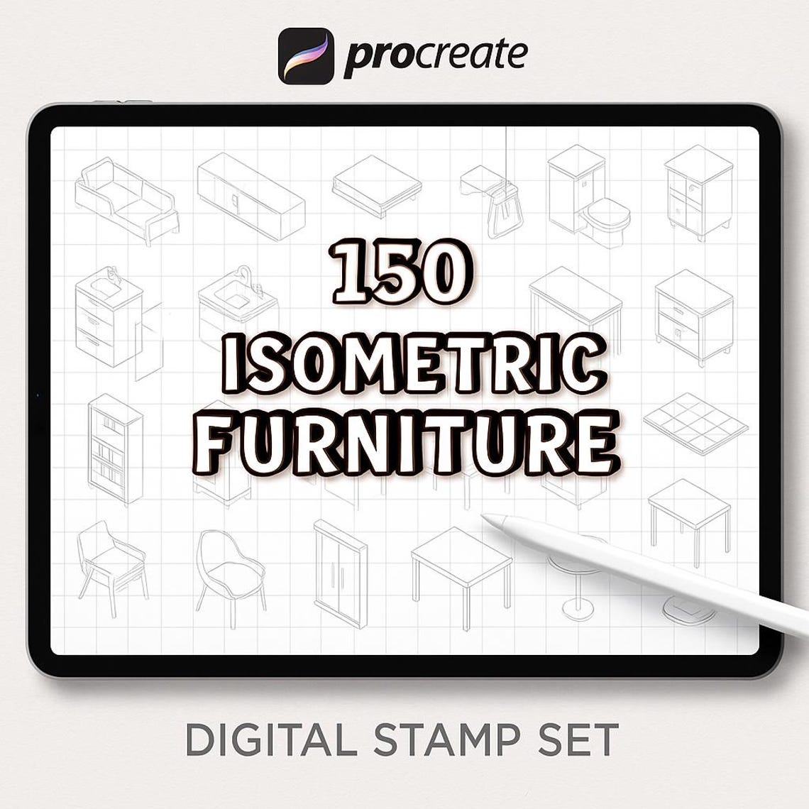 150 Isometric Furniture Procreate Stamp Set – Full Color Home Decor ...
