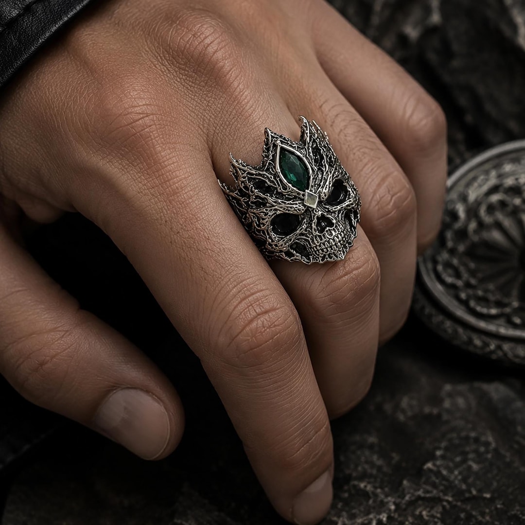 White Copper Skull Ring With Green Stone Dark Guardian Gothic Jewelry ...