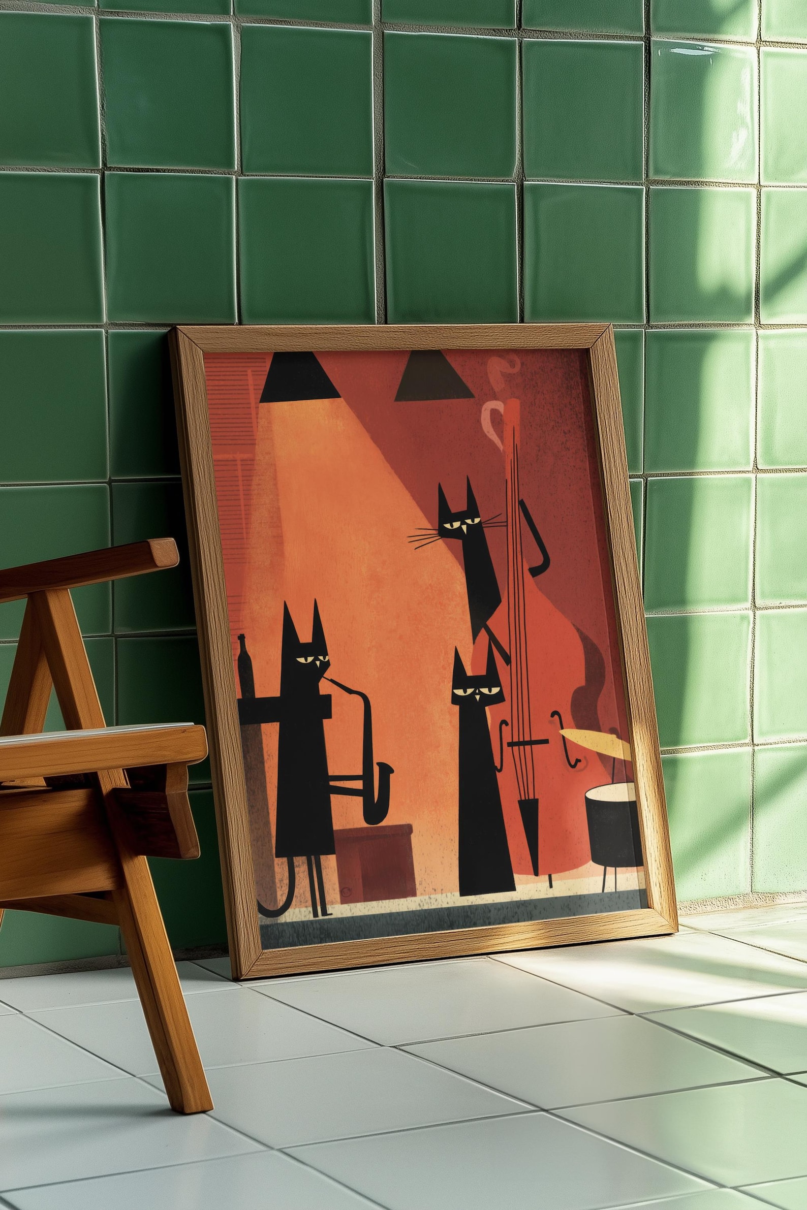 Cool Cats Jazz Print | Retro Black Cat Band Illustration With Saxophone ...