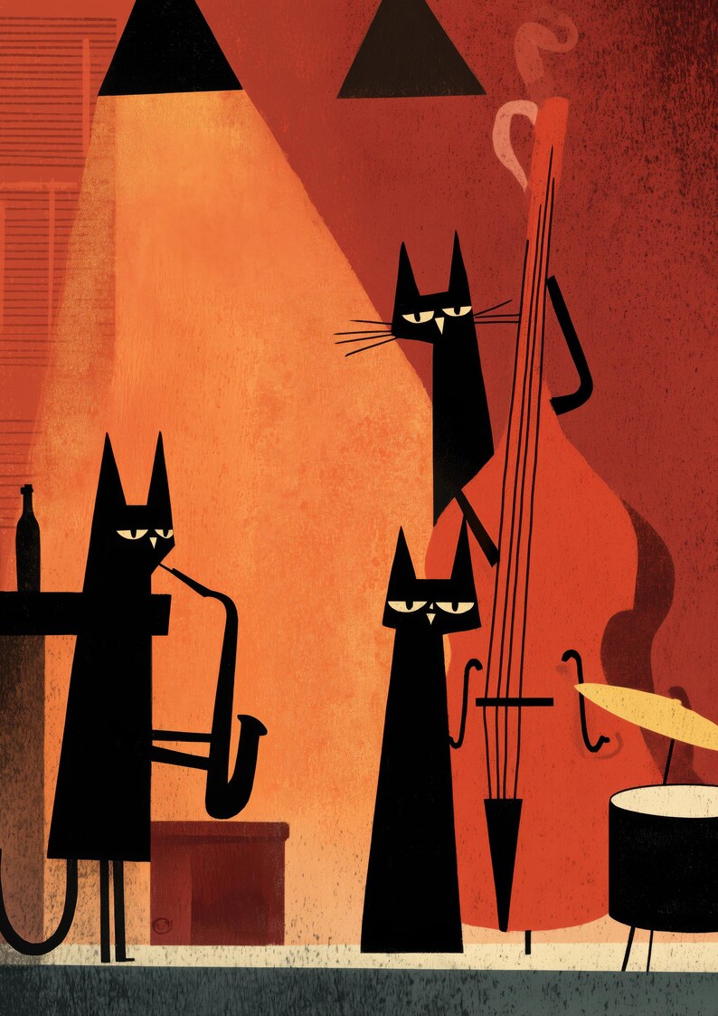 Cool Cats Jazz Print | Retro Black Cat Band Illustration With Saxophone ...