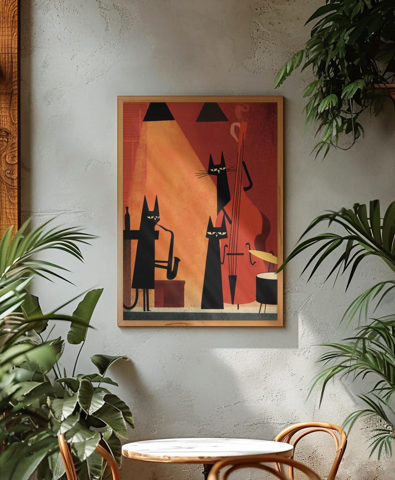 Cool Cats Jazz Print | Retro Black Cat Band Illustration With Saxophone ...
