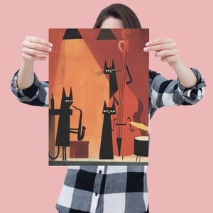Cool Cats Jazz Print | Retro Black Cat Band Illustration With Saxophone ...