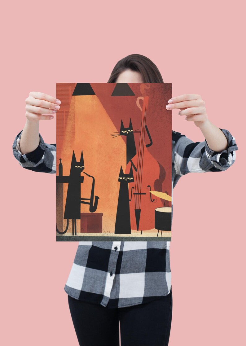 Cool Cats Jazz Print | Retro Black Cat Band Illustration With Saxophone ...