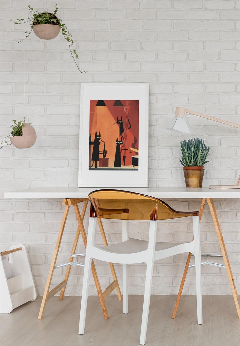 Cool Cats Jazz Print | Retro Black Cat Band Illustration With Saxophone ...