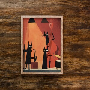 Cool Cats Jazz Print | Retro Black Cat Band Illustration With Saxophone ...