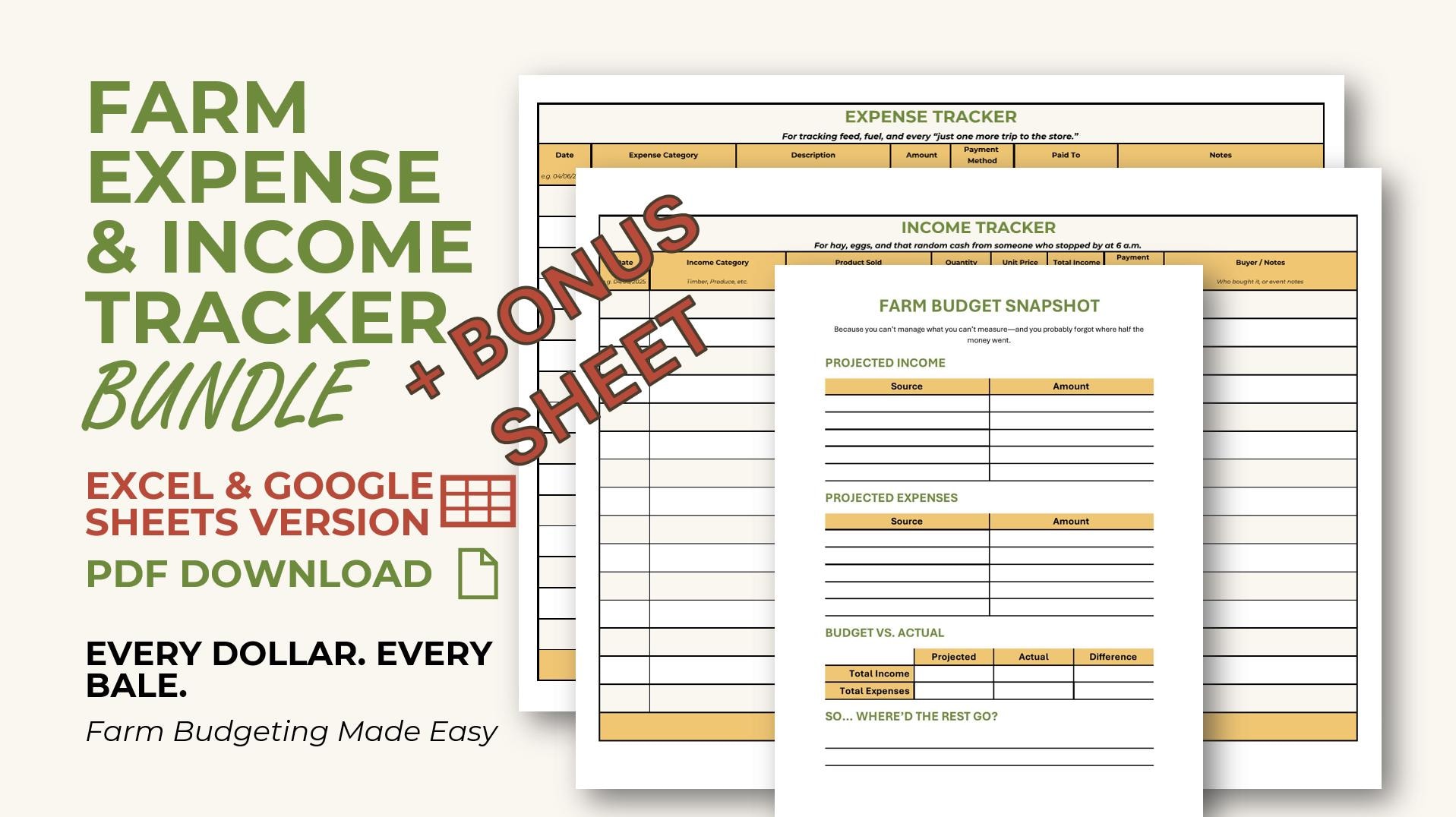Farm Income and Expense Tracker Bundle – PDF + Spreadsheet With Bonus ...