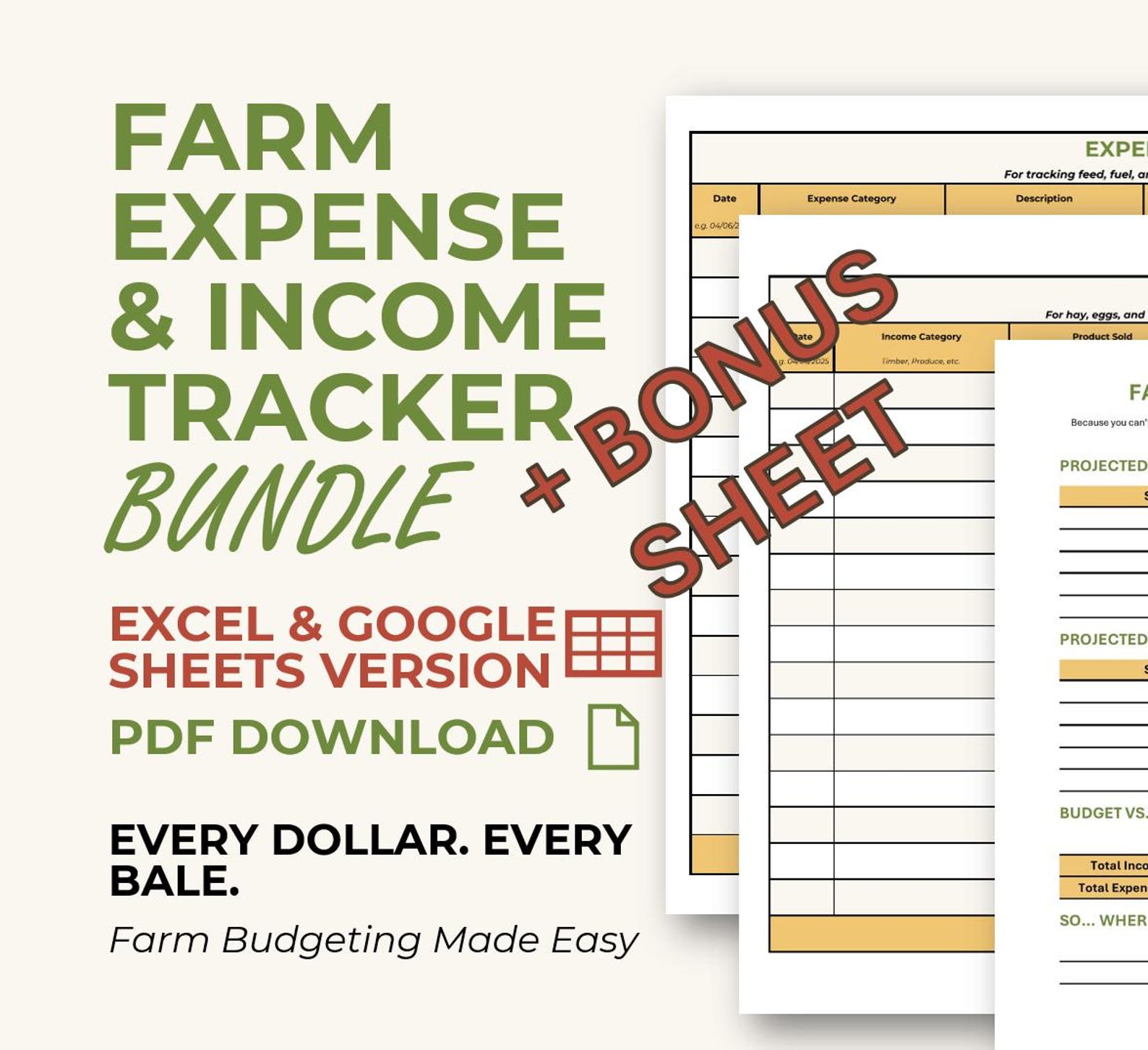 Farm Income & Expense Tracker Bundle – PDF and Spreadsheet With Bonus ...