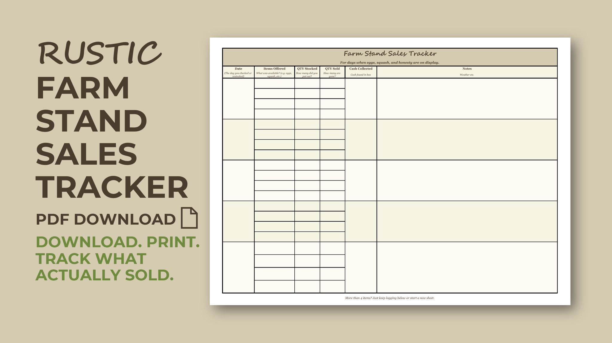 Rustic Farm Stand Sales Tracker | Printable PDF | Honor System Log ...