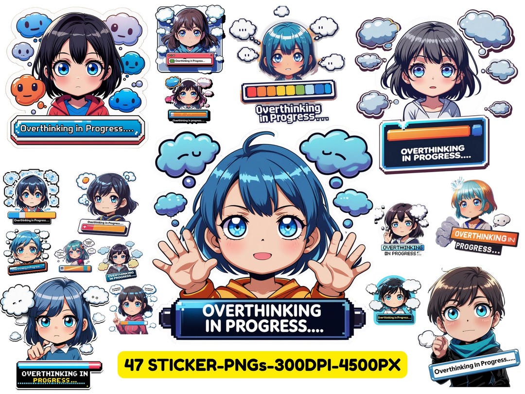 Kawaii Anime Girl Stickers: Overthinking Manga Clipart (digital ...