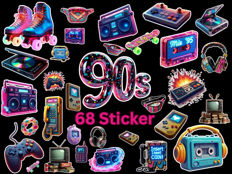 Retro 90's Sticker Pack – 68 Nostalgic Decals for Scrapbooking ...