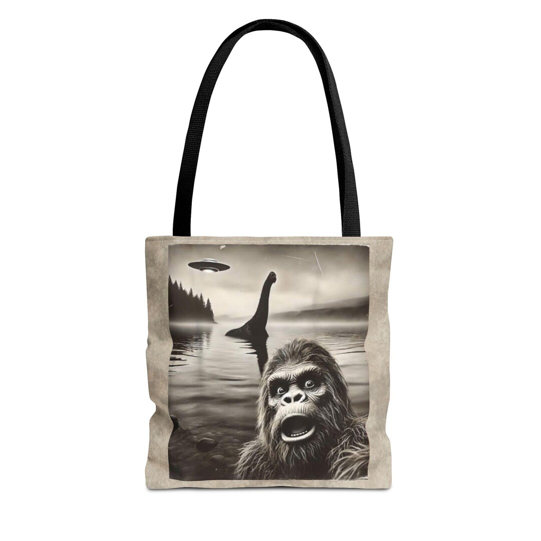 Sasquatch Bigfoot Selfie Tote Bag, Cryptid UFO Loch Ness Monster ...
