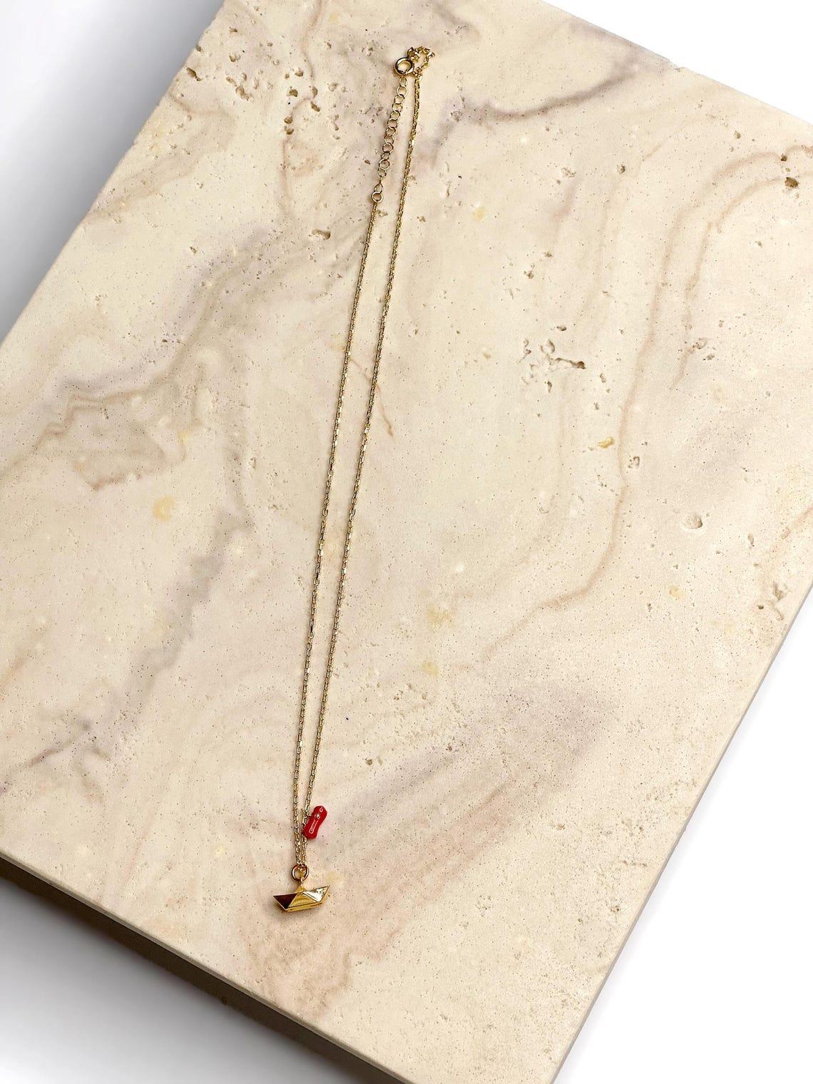 Gold Boat Necklace: Red Coral Charm, 925 Silver, Handmade - Etsy