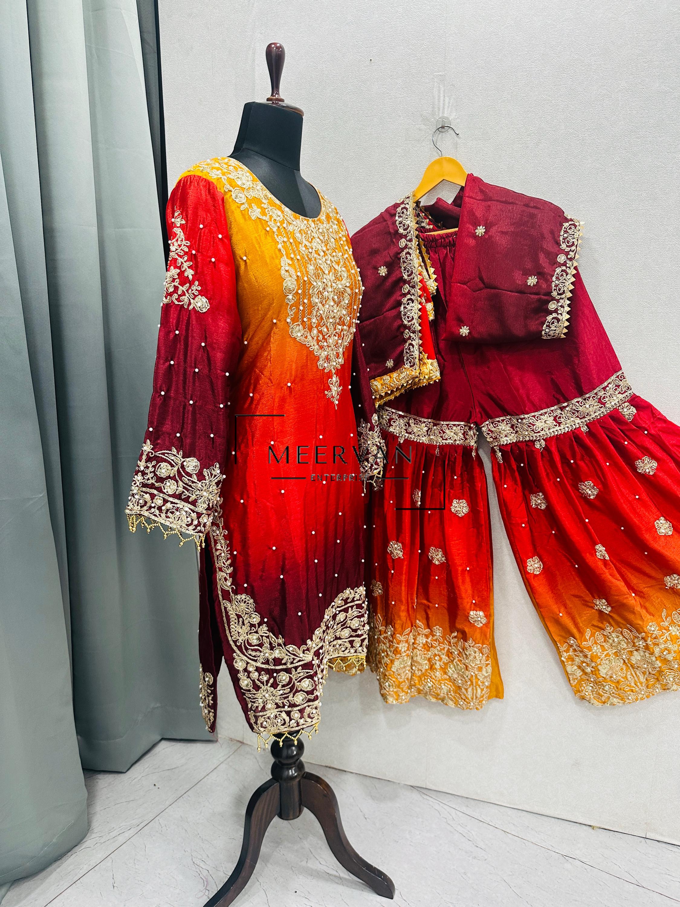 Red & Orange Embroidered Sharara Suit Set: Chinon Silk Wedding Party ...
