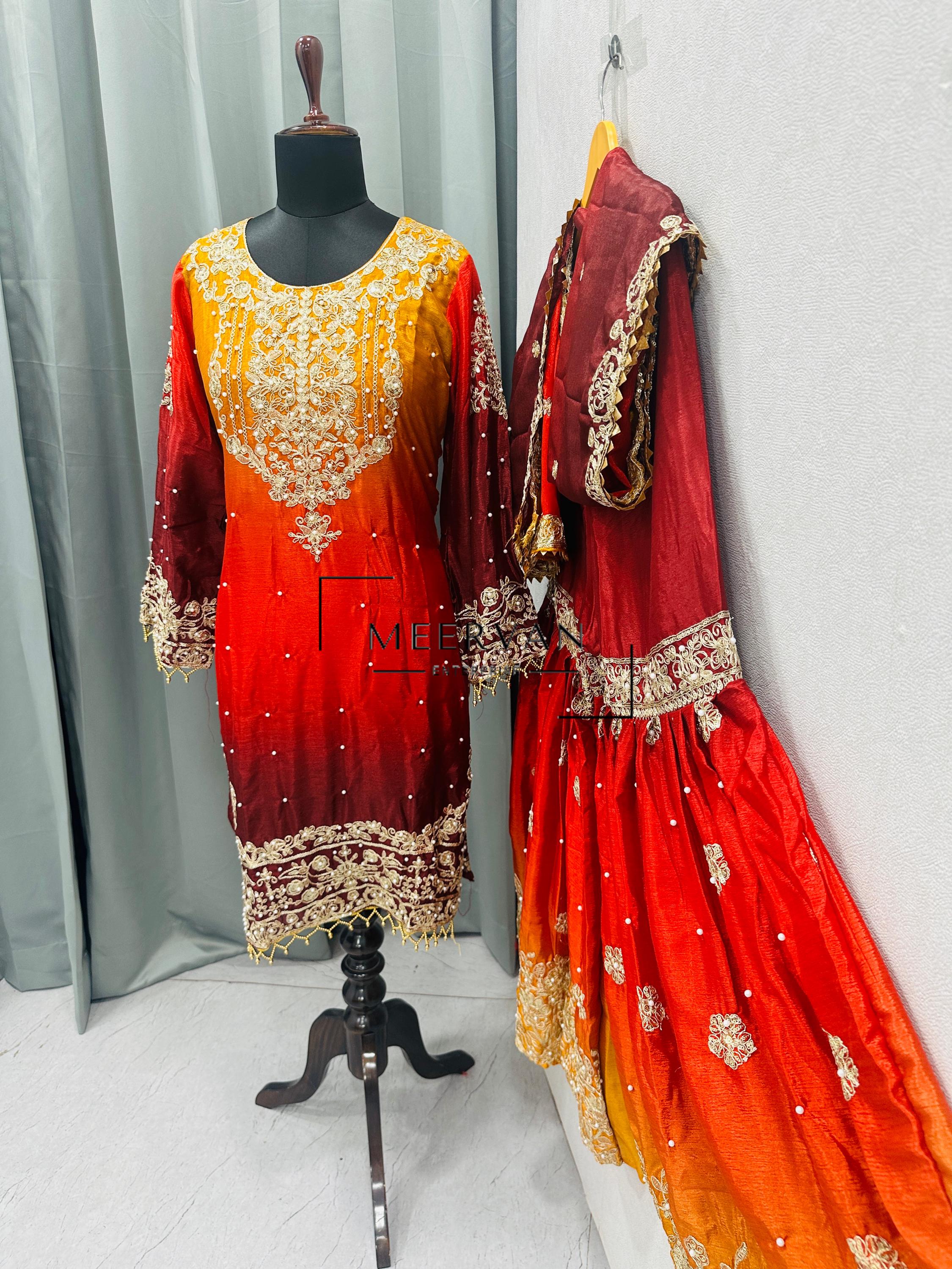 Red & Orange Embroidered Sharara Suit Set: Chinon Silk Wedding Party ...
