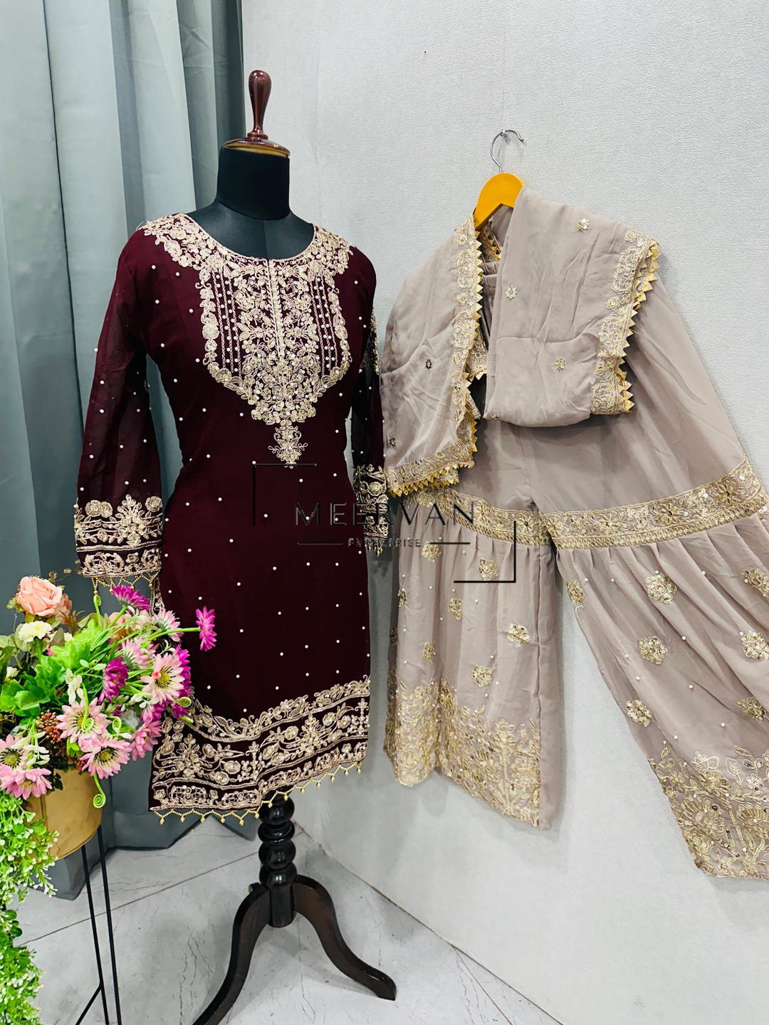 Designer Sharara Suit With Rivet Moti & Sequin Work, Fully Stitched ...