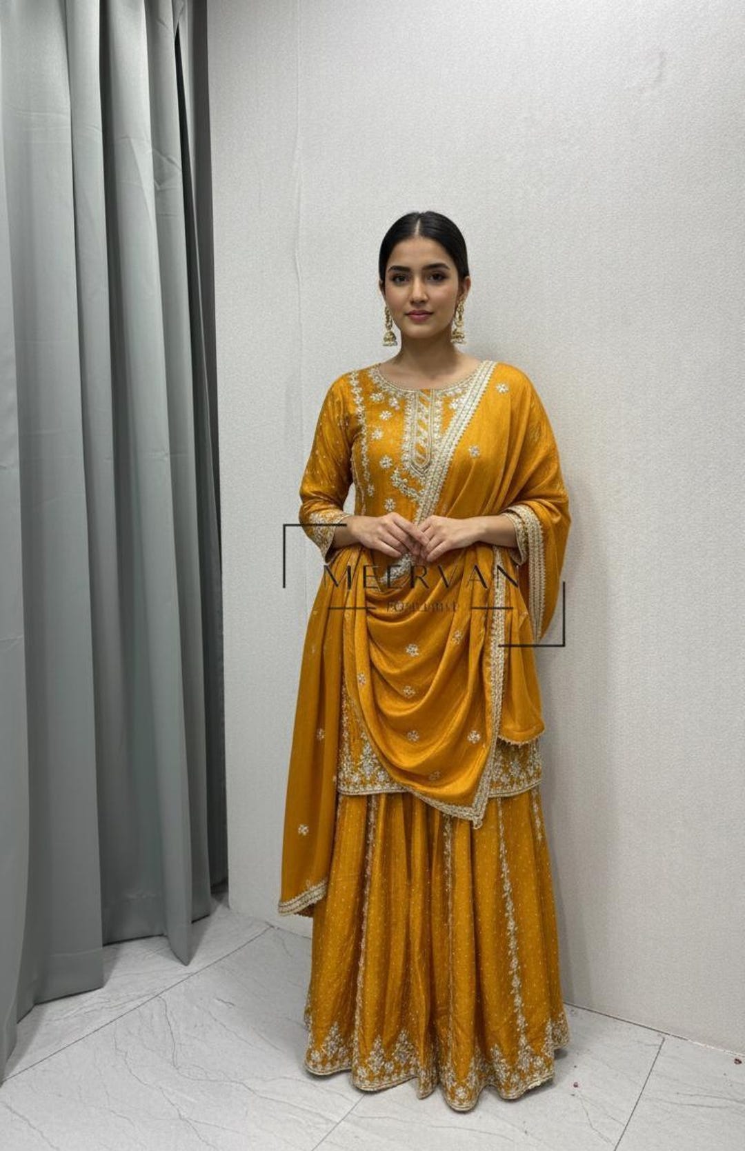 Mustard Yellow Embroidered Sharara Suit, Haldi Ceremony Dress, Punjabi ...