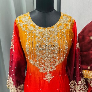 Red & Orange Embroidered Sharara Suit Set: Chinon Silk Wedding Party ...