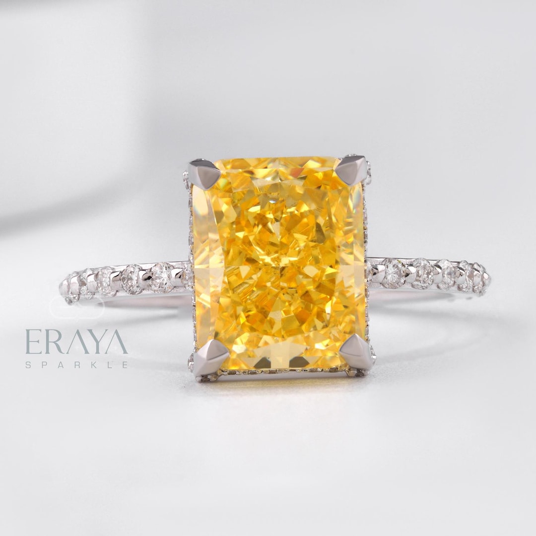 Yellow Color Stone Ring | Radiant Cut Yellow Stone With Diamond Accents ...
