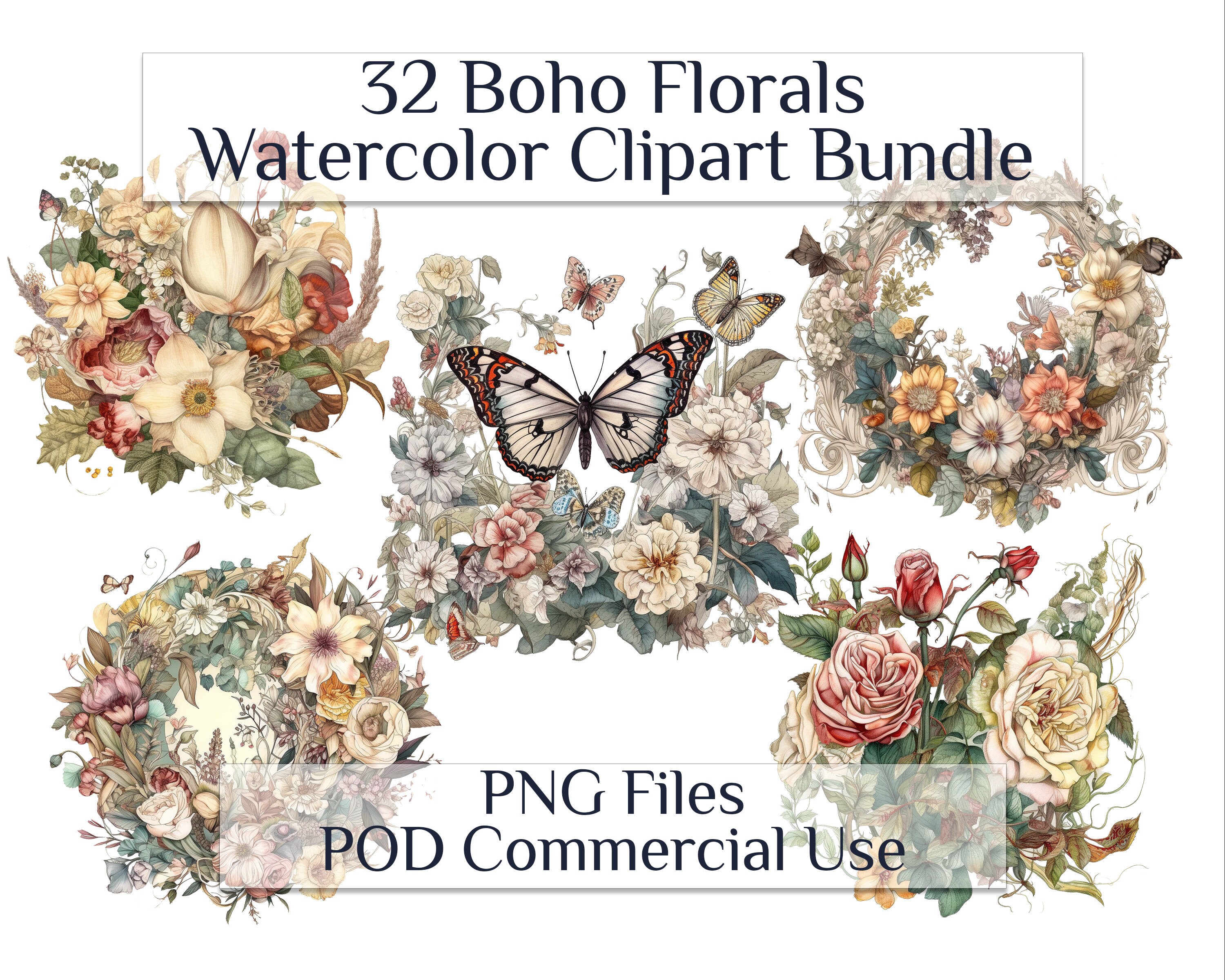 Watercolor Boho Floral Clipart Wedding Flower Graphics - Etsy