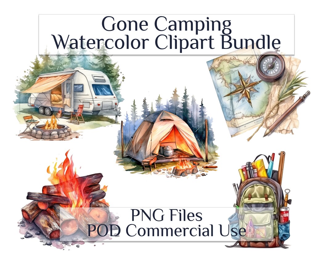 Camping Watercolor Clipart Bundle, Campground PNG Files, Campfire ...