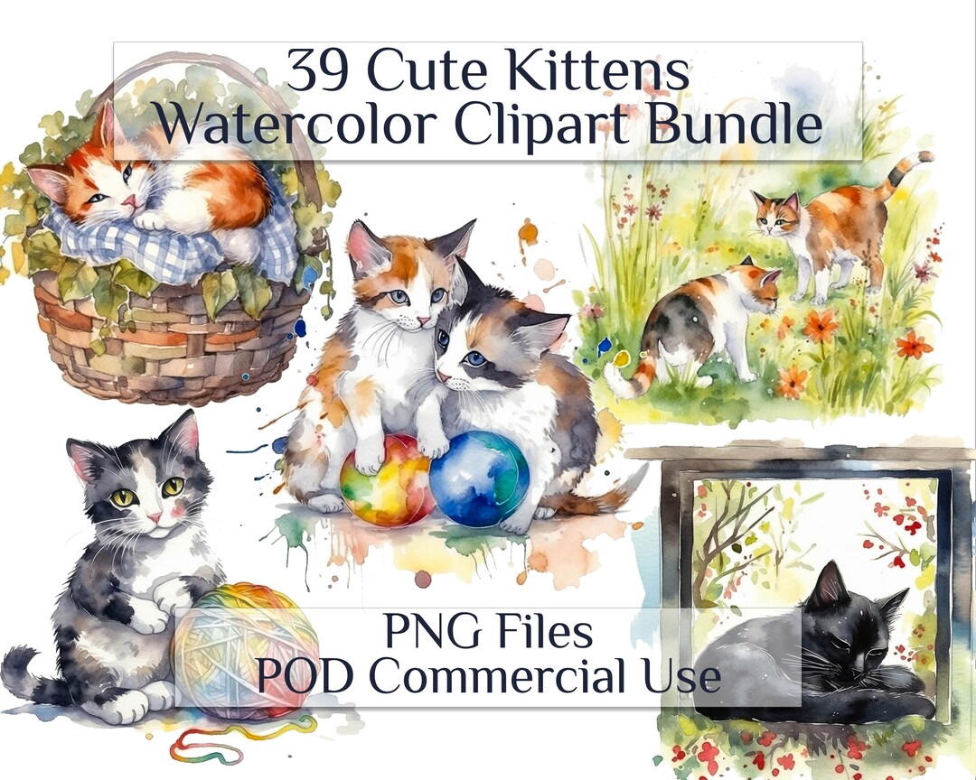 Cute Kittens Watercolor Clipart, Baby Cat Clip Art, Baby Animal ...