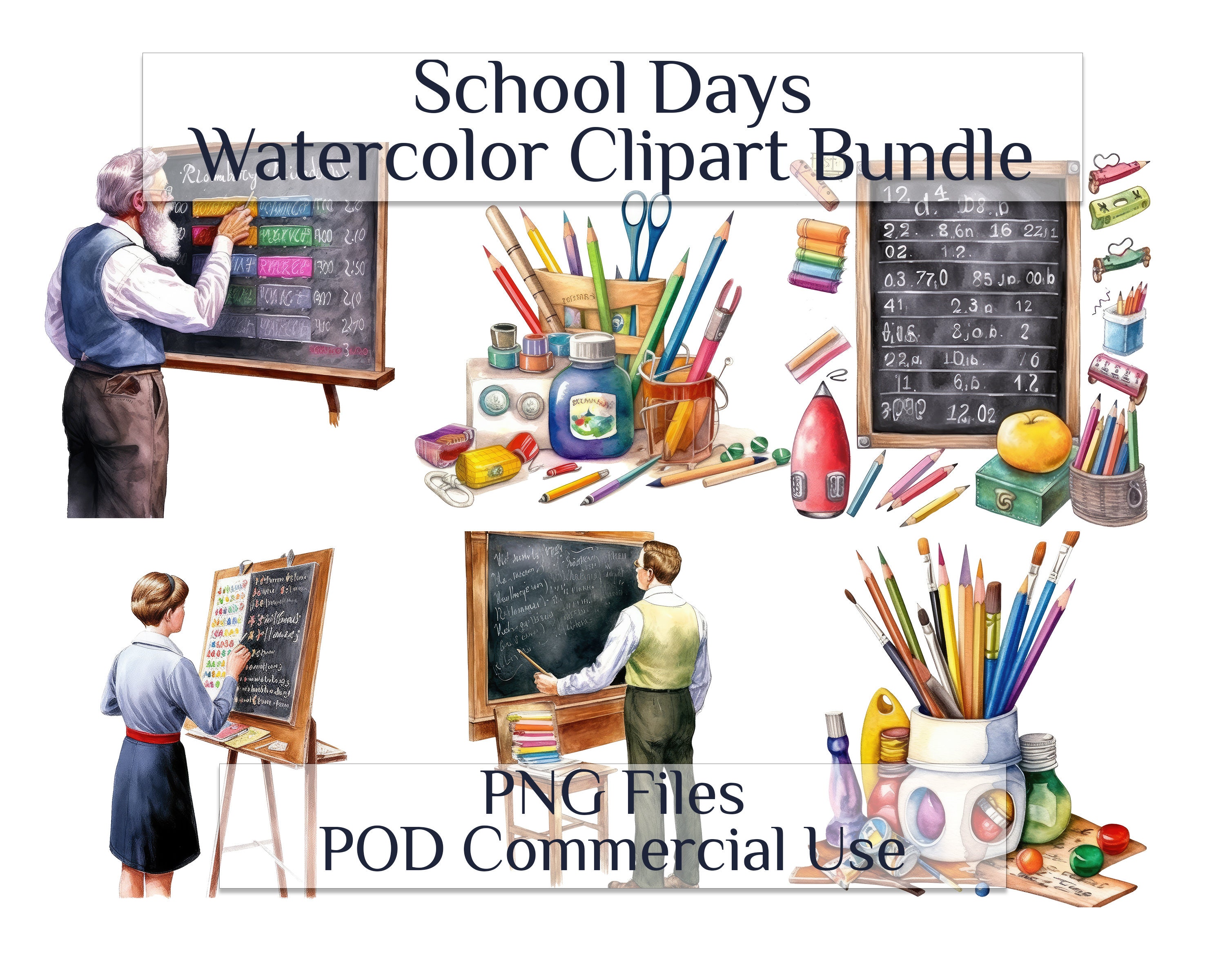 School Days Watercolor Clipart Bundle Teacher PNG Files - Etsy