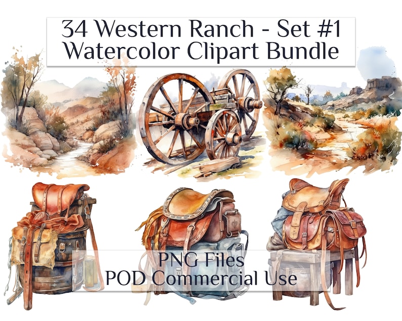 Western Ranch Watercolor Clipart Set 1 Cowboy Clip Art Wild - Etsy