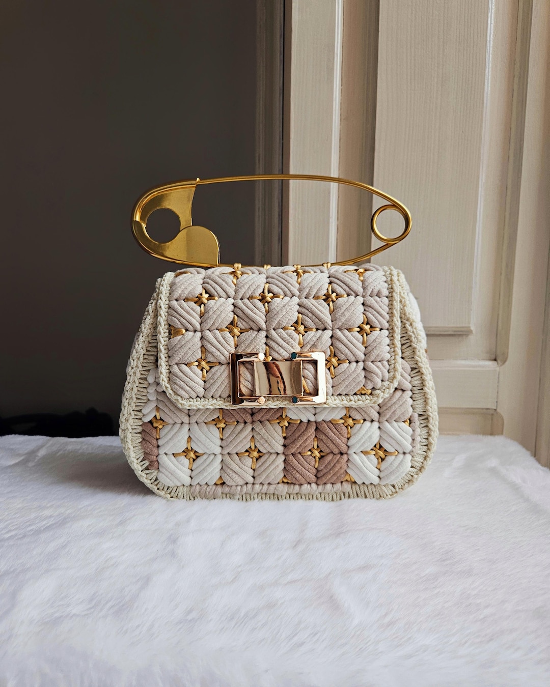 Handmade Crochet Bag in Neutral Tones Safety Pin Handle Purse Unique ...