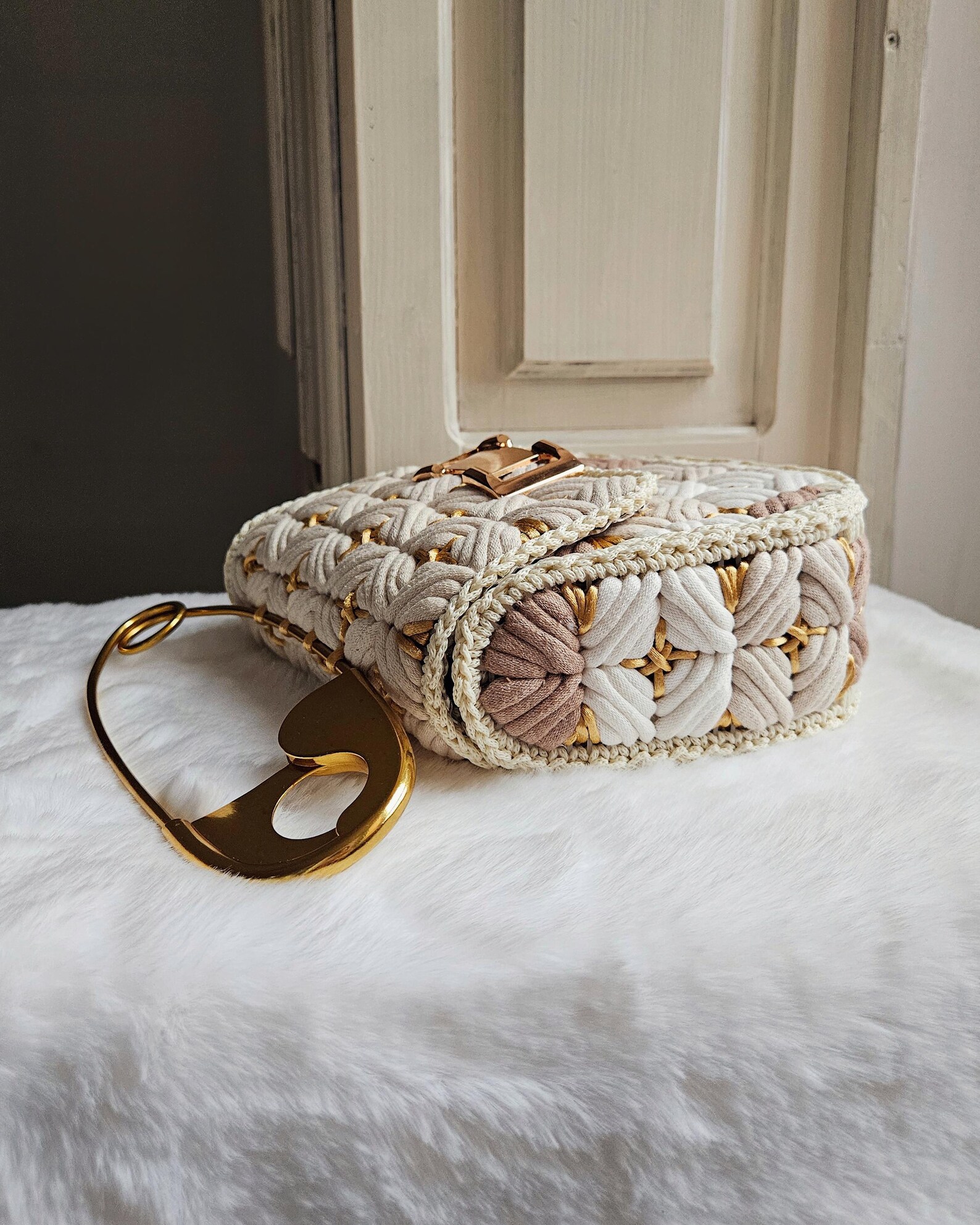 Handmade Crochet Bag in Neutral Tones Safety Pin Handle Purse Unique ...
