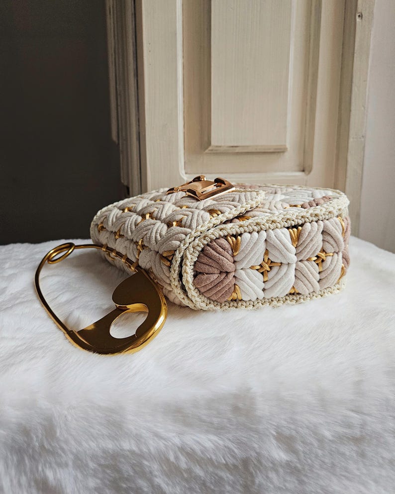 Handmade Crochet Bag in Neutral Tones Safety Pin Handle Purse Unique ...