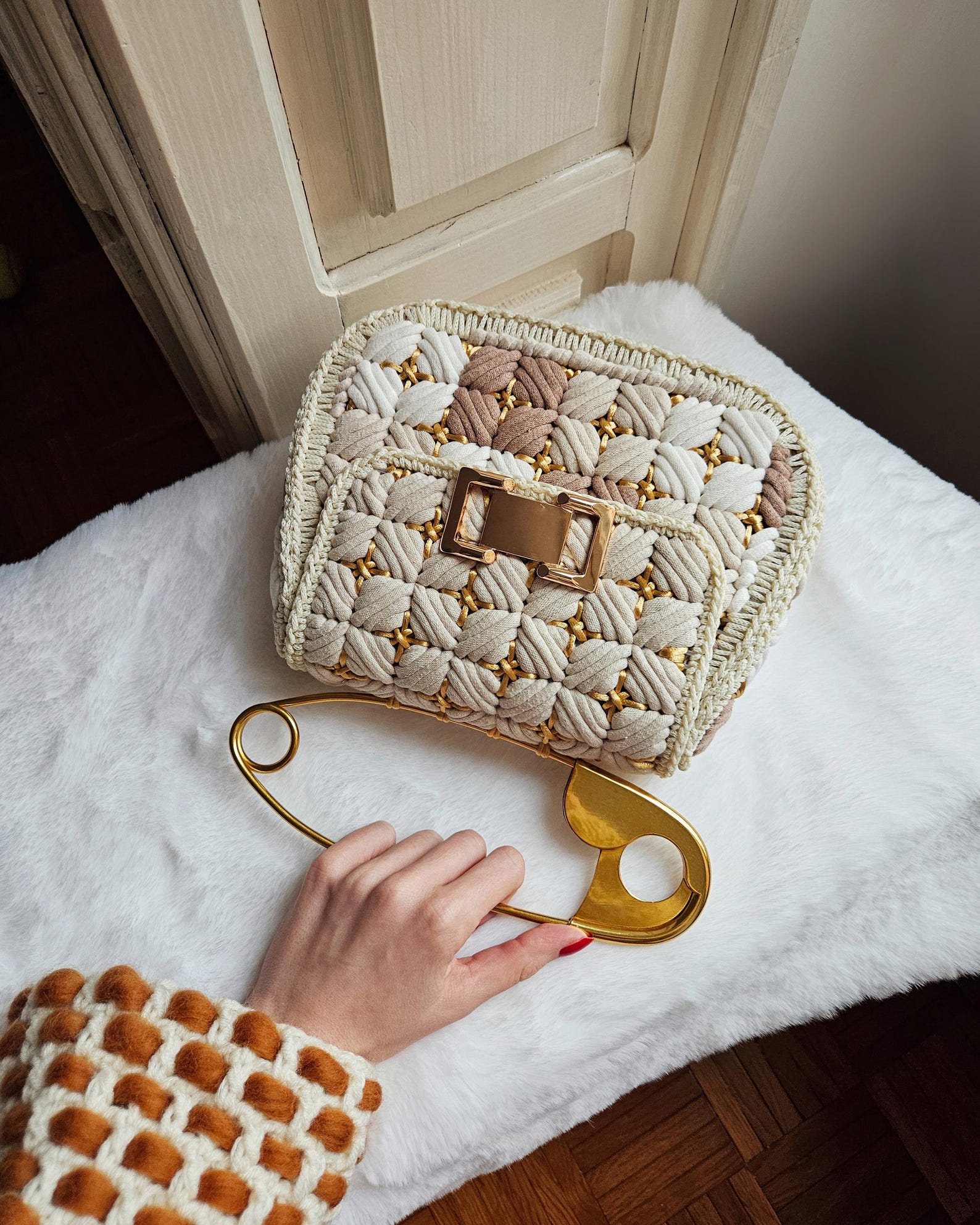 Handmade Crochet Bag in Neutral Tones Safety Pin Handle Purse Unique ...