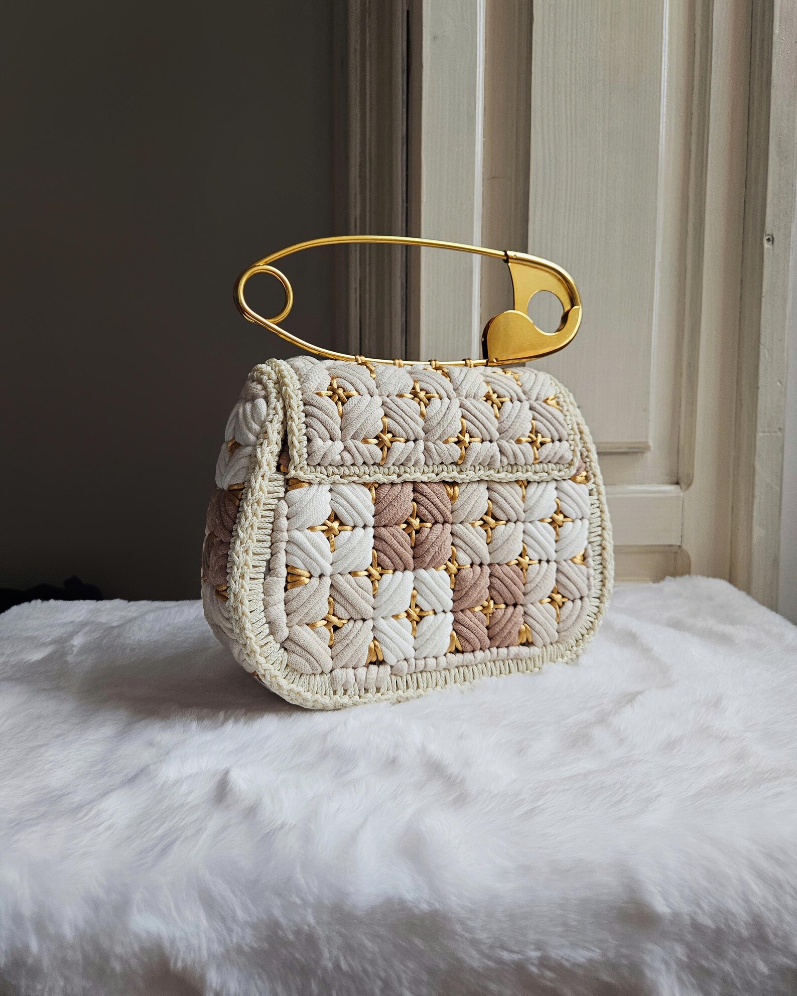 Handmade Crochet Bag in Neutral Tones Safety Pin Handle Purse Unique ...