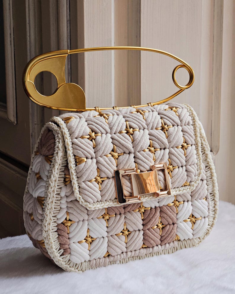 Handmade Crochet Bag in Neutral Tones Safety Pin Handle Purse Unique ...