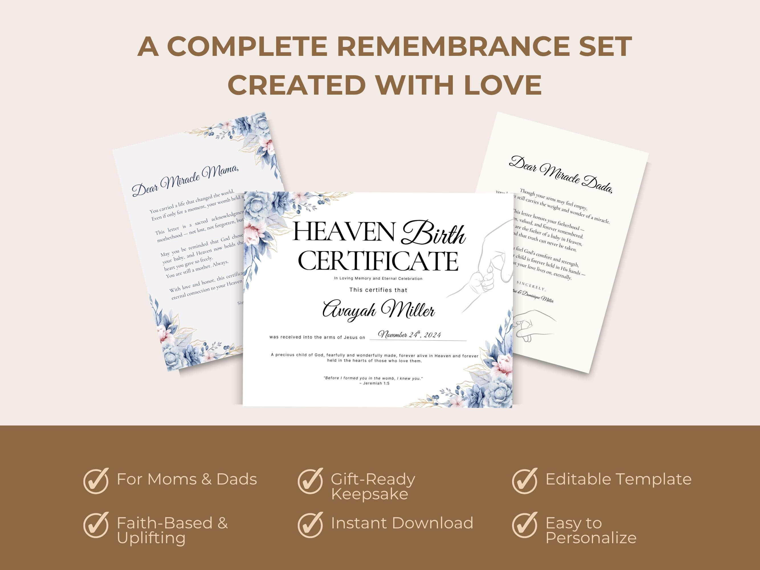 Heaven Baby Birth Certificate & Letters | Faith-based Miscarriage ...