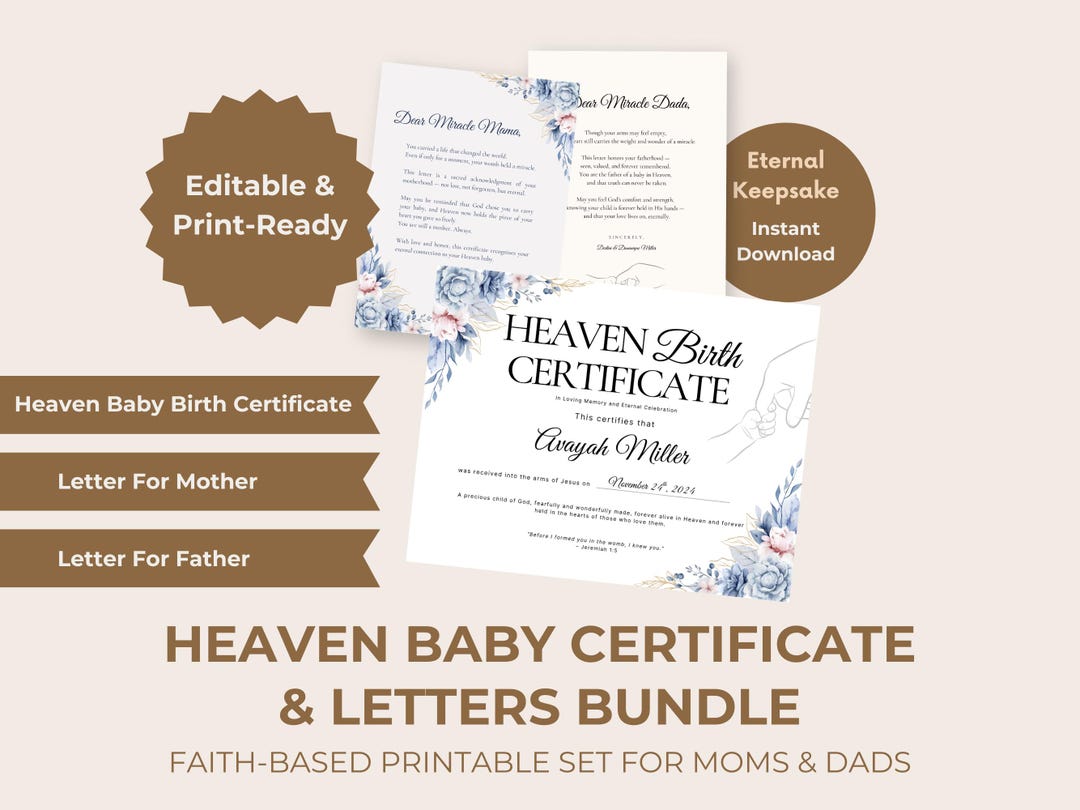 Heaven Baby Birth Certificate & Letters | Faith-based Miscarriage ...