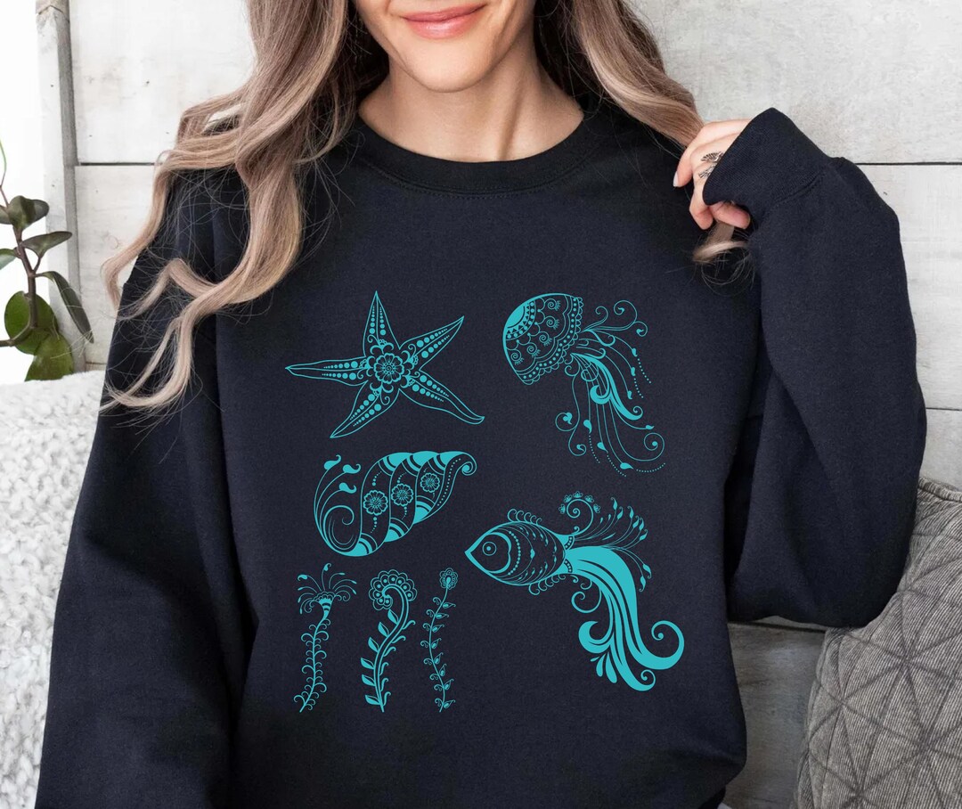 Vintage Sea Animals Sweatshirt and Hoodie, Neon Blue Marine Creatures ...