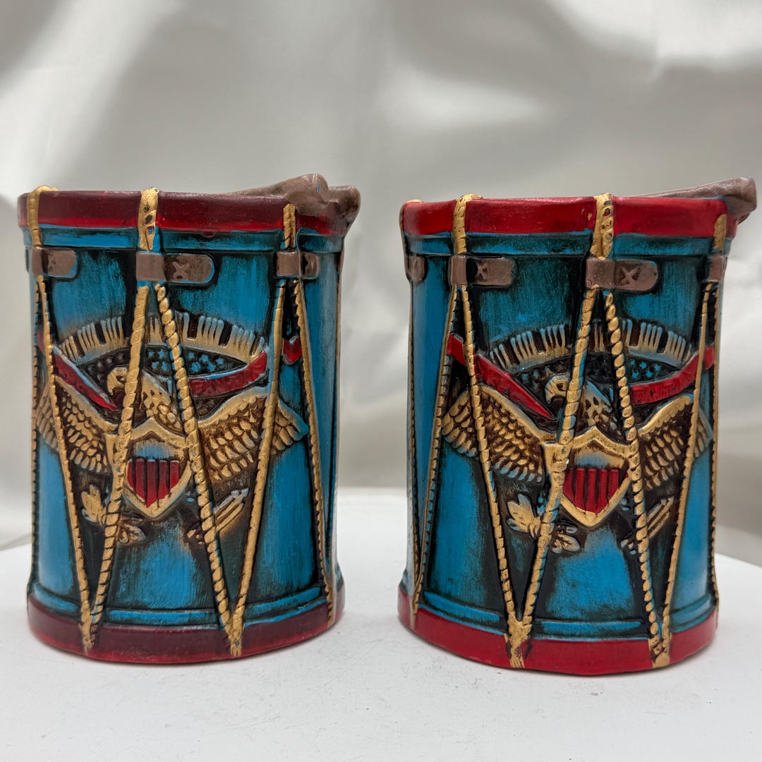 Vintage “reg. Infantry” Drum Bookends — Colorful Mid-century Chalkware ...
