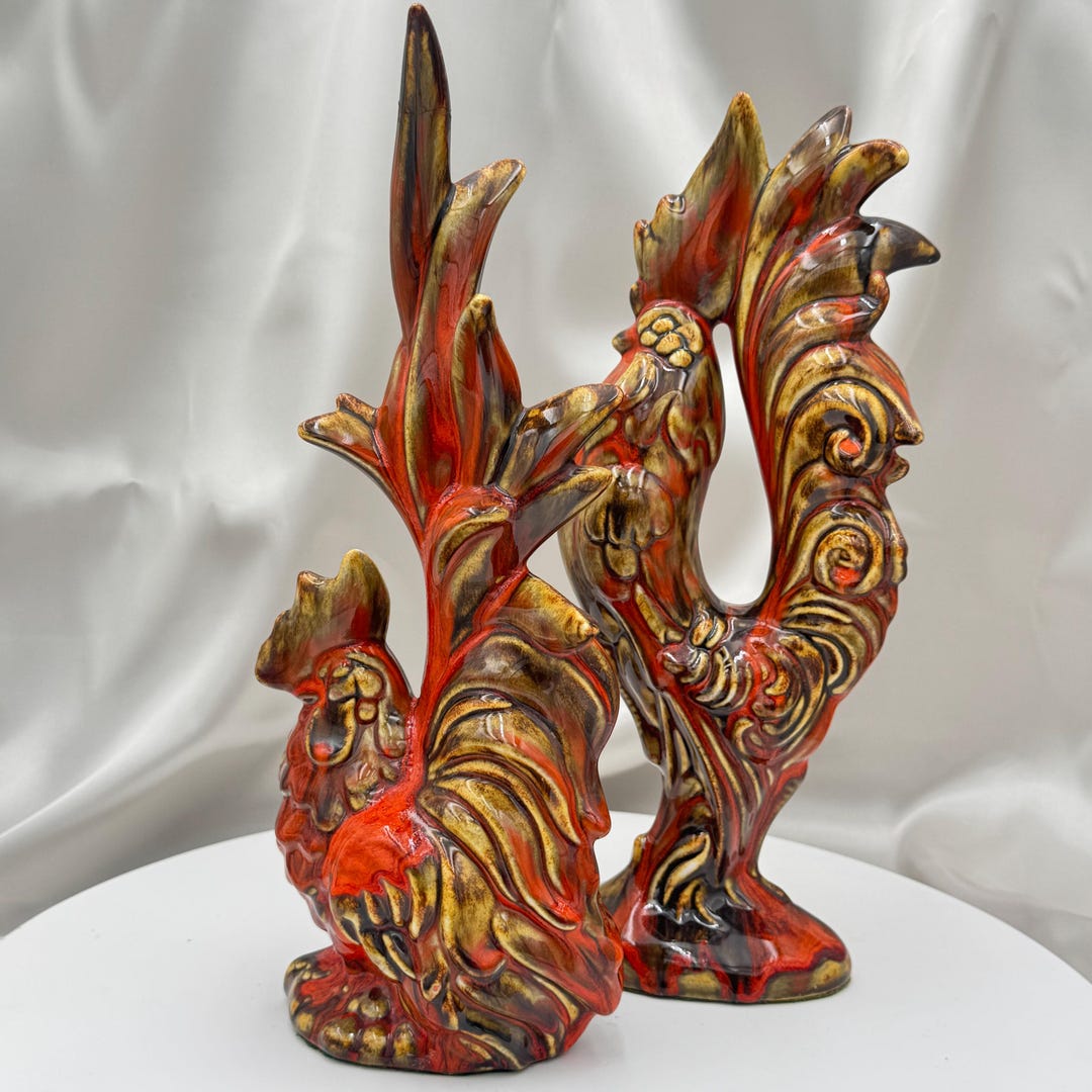 Vintage Ceramic Rooster Sculptures, Hand-glazed Color Swirl Pair - Etsy