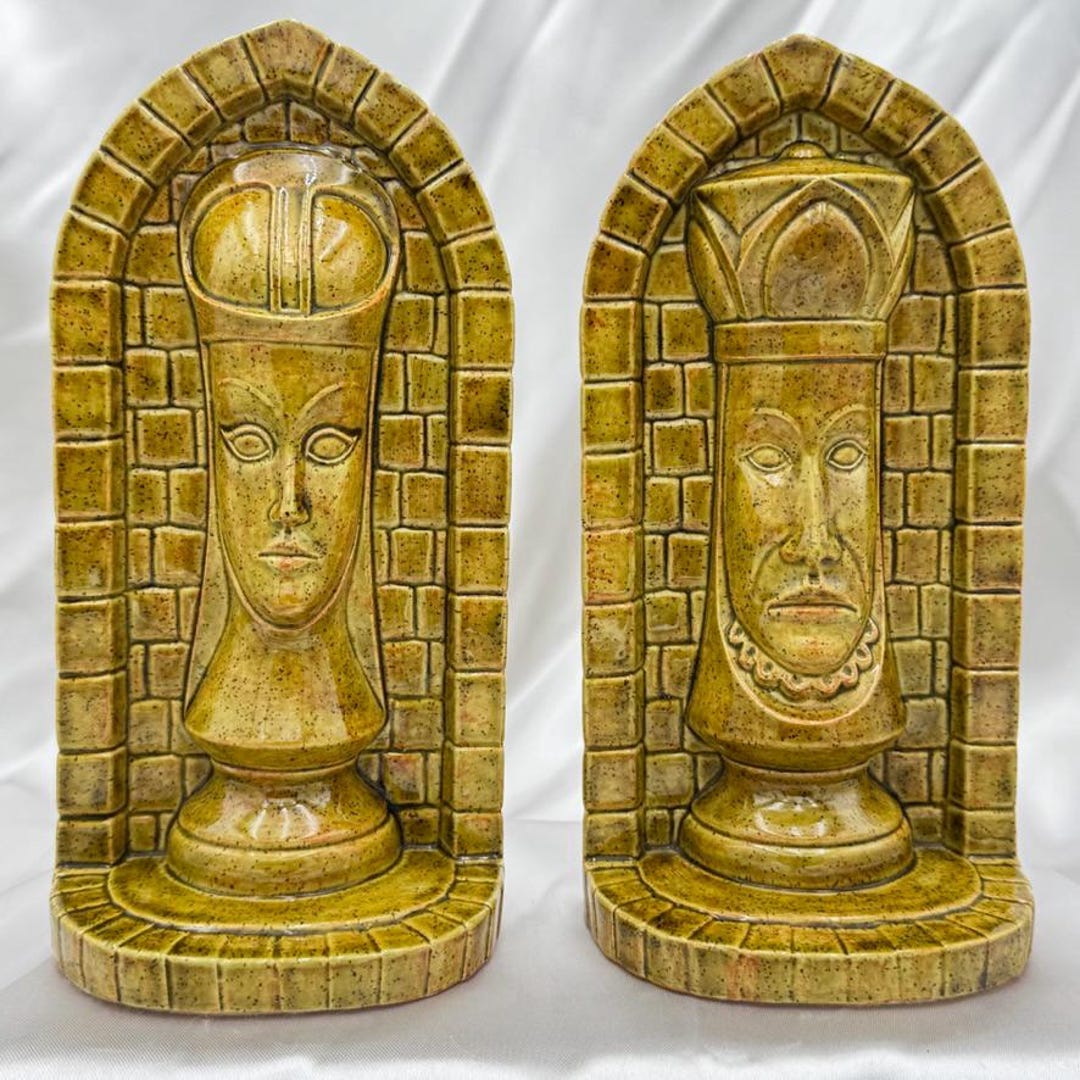 Vintage Mid Century Modern Chess Piece Bookends – Chartreuse Ceramic ...
