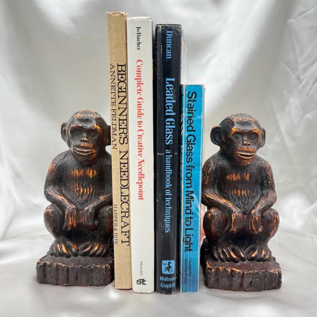 1970s–1980s Resin Monkey Bookends – Funky Faux Wood Jungle Decor, Set ...