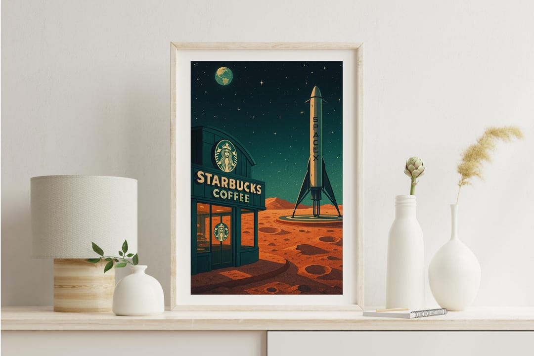 Vintage Poster - Starbucks Café on Mars Art Print - Spacex Wall Decor ...