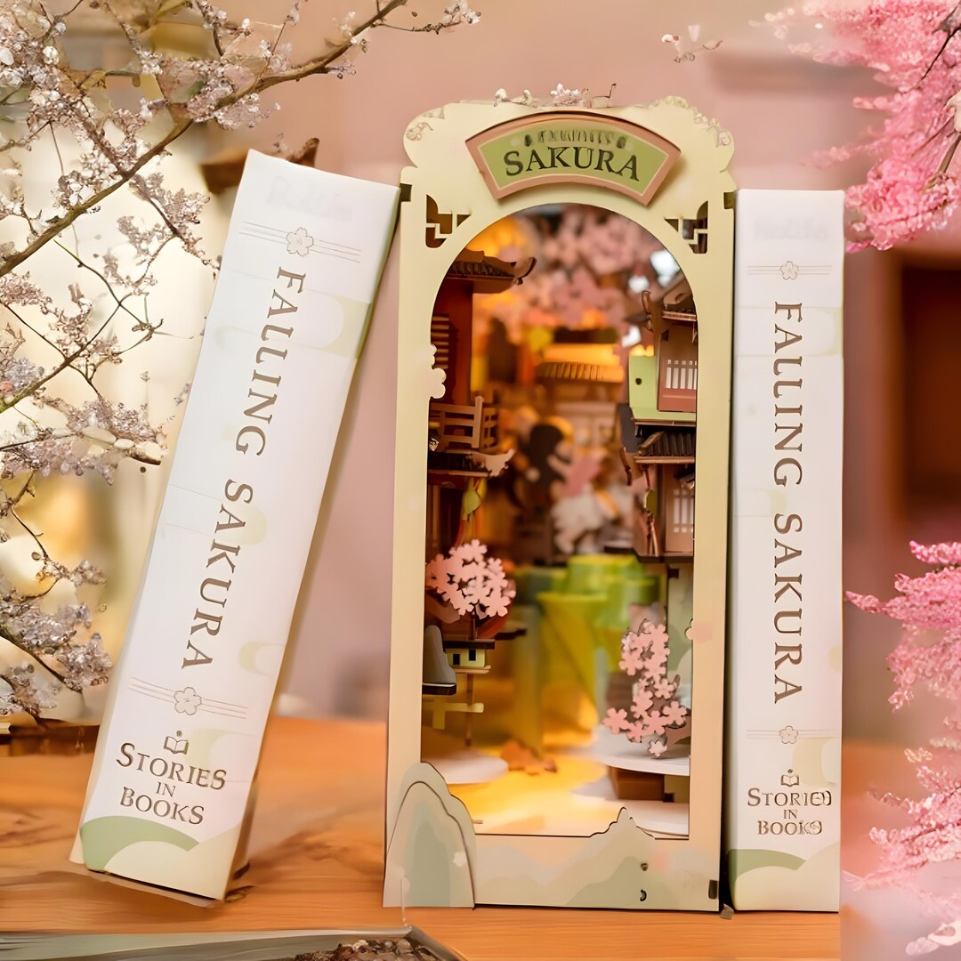 DIY Falling Sakura Book Nook Kit – Wooden Puzzle With LED Lights, Miniature Dollhouse Bookend ...