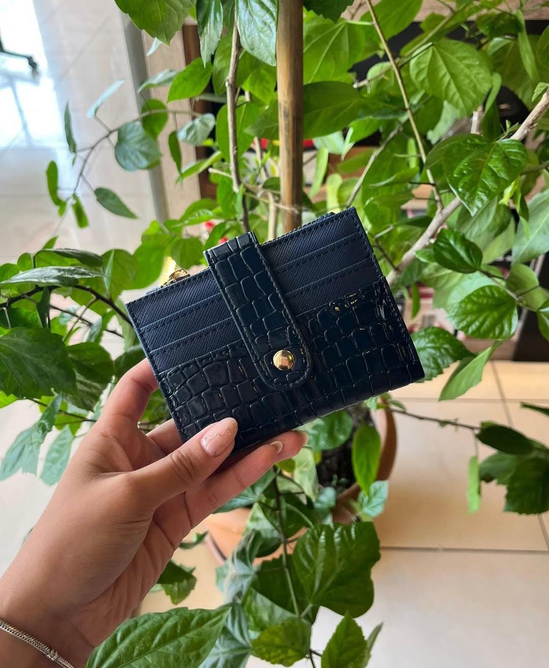 Navy Blue Croc Card Wallet – Glossy Vegan Leather Snap Closure Mini ...