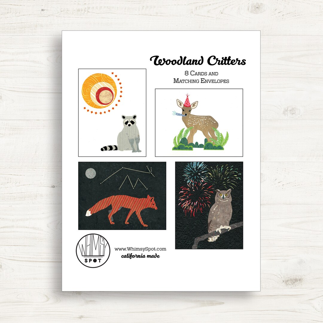 Woodland Animals Cards-set of 8-fox-deer-owl-raccoon-forest Cards ...