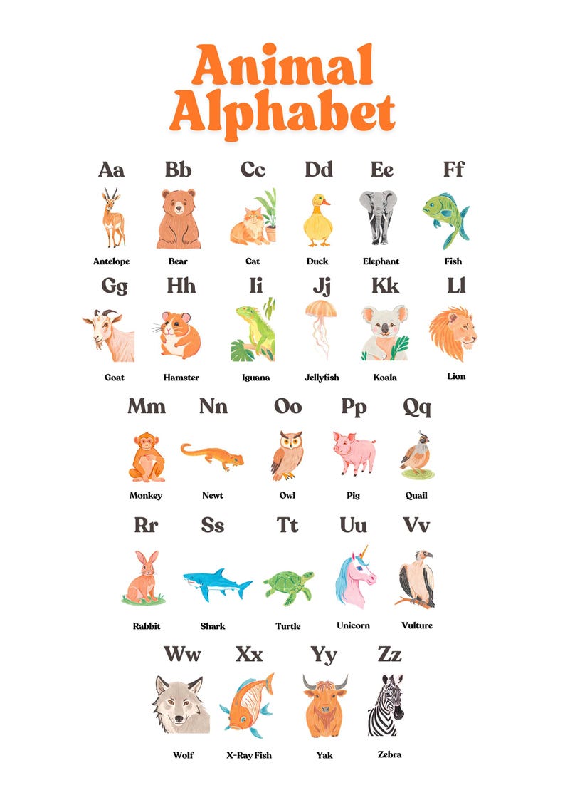 A-Z Animal Alphabet Poster - Pencil Sketch Art for Baby Room - Etsy