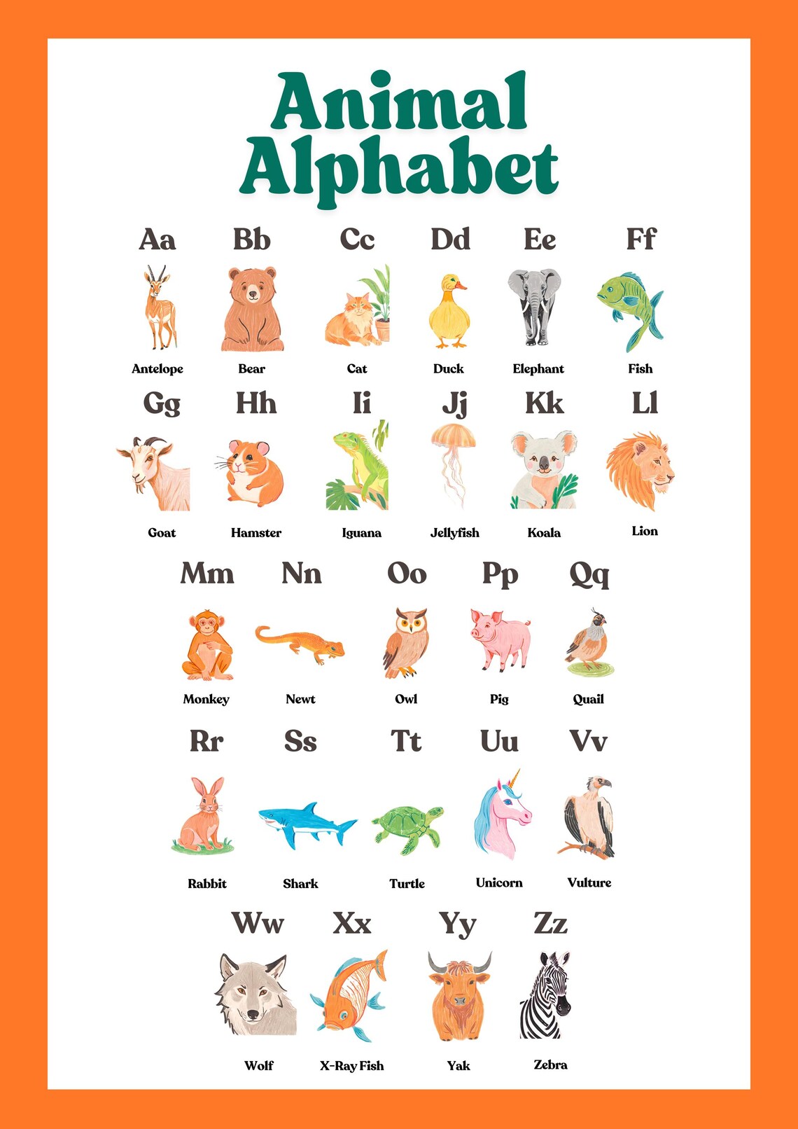 A-Z Animal Alphabet Poster - Pencil Sketch Art for Baby Room - Etsy