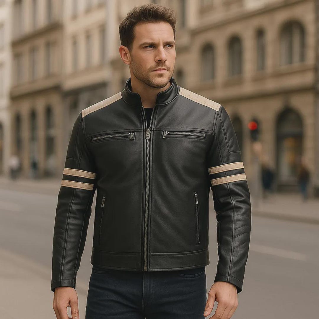 Men's Cafe Racer White Striped Motorcycle Black Leather Biker Lambskin ...
