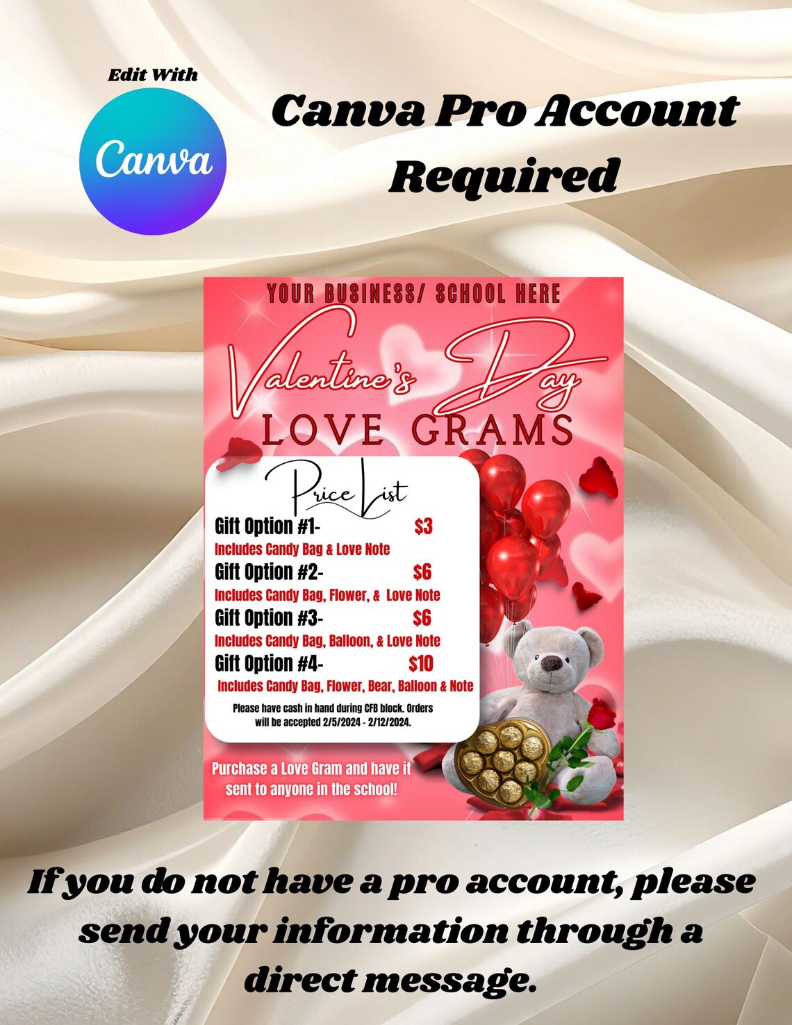Valentine’s Day Love Grams Flyer Template | Editable Canva Pro School ...