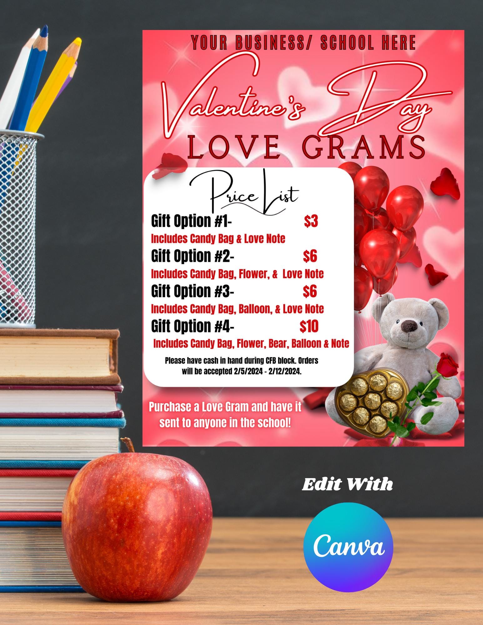 Valentine’s Day Love Grams Flyer Template | Editable Canva Pro School ...