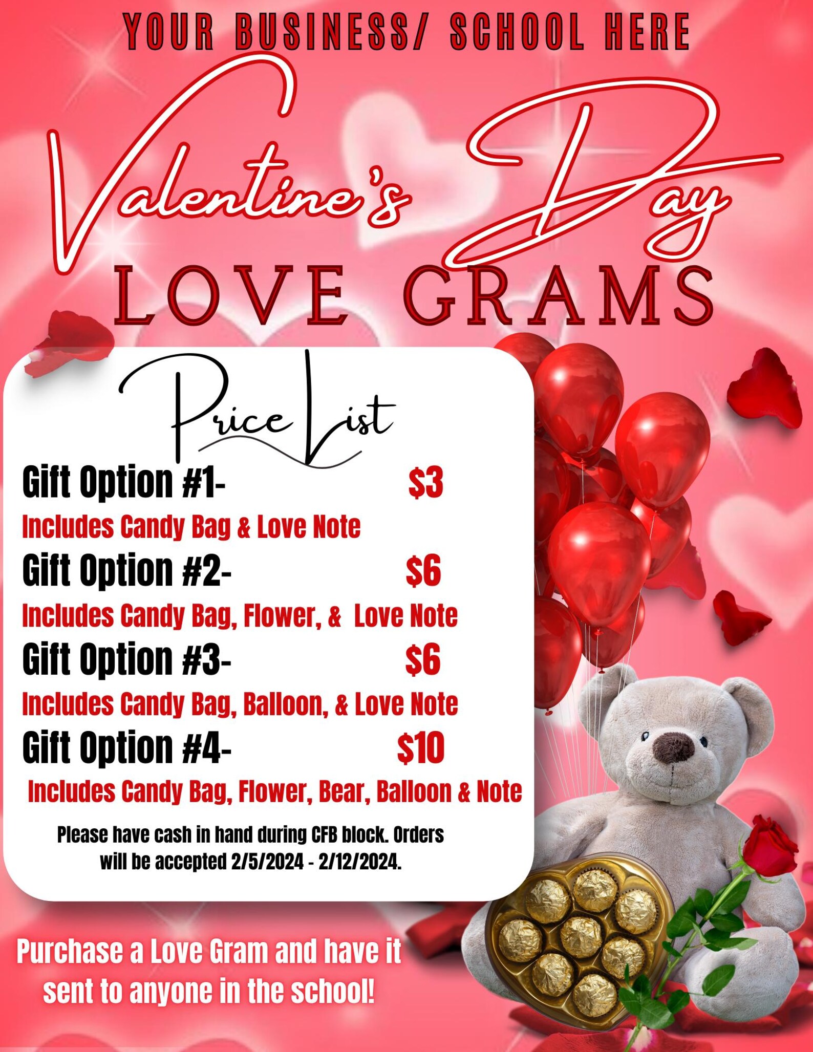 Valentine’s Day Love Grams Flyer Template | Editable Canva Pro School ...